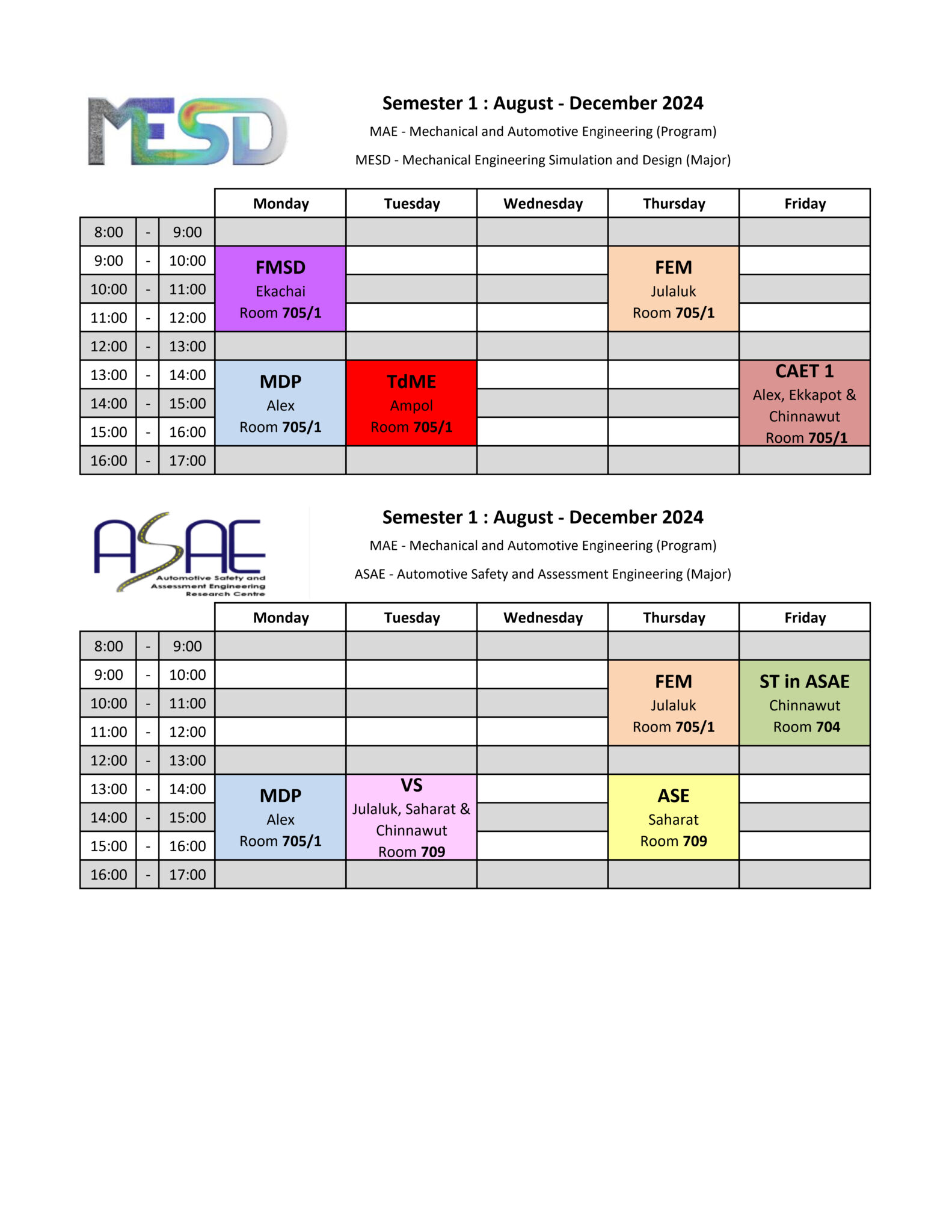 MAE Timetable of Semester – MAE